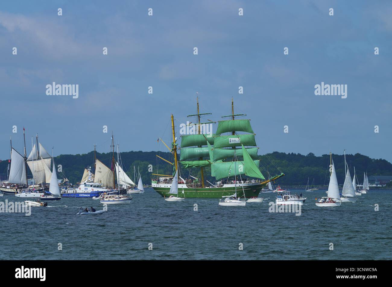 Large sailing regatta on the sea. Various ships, including a striking ...