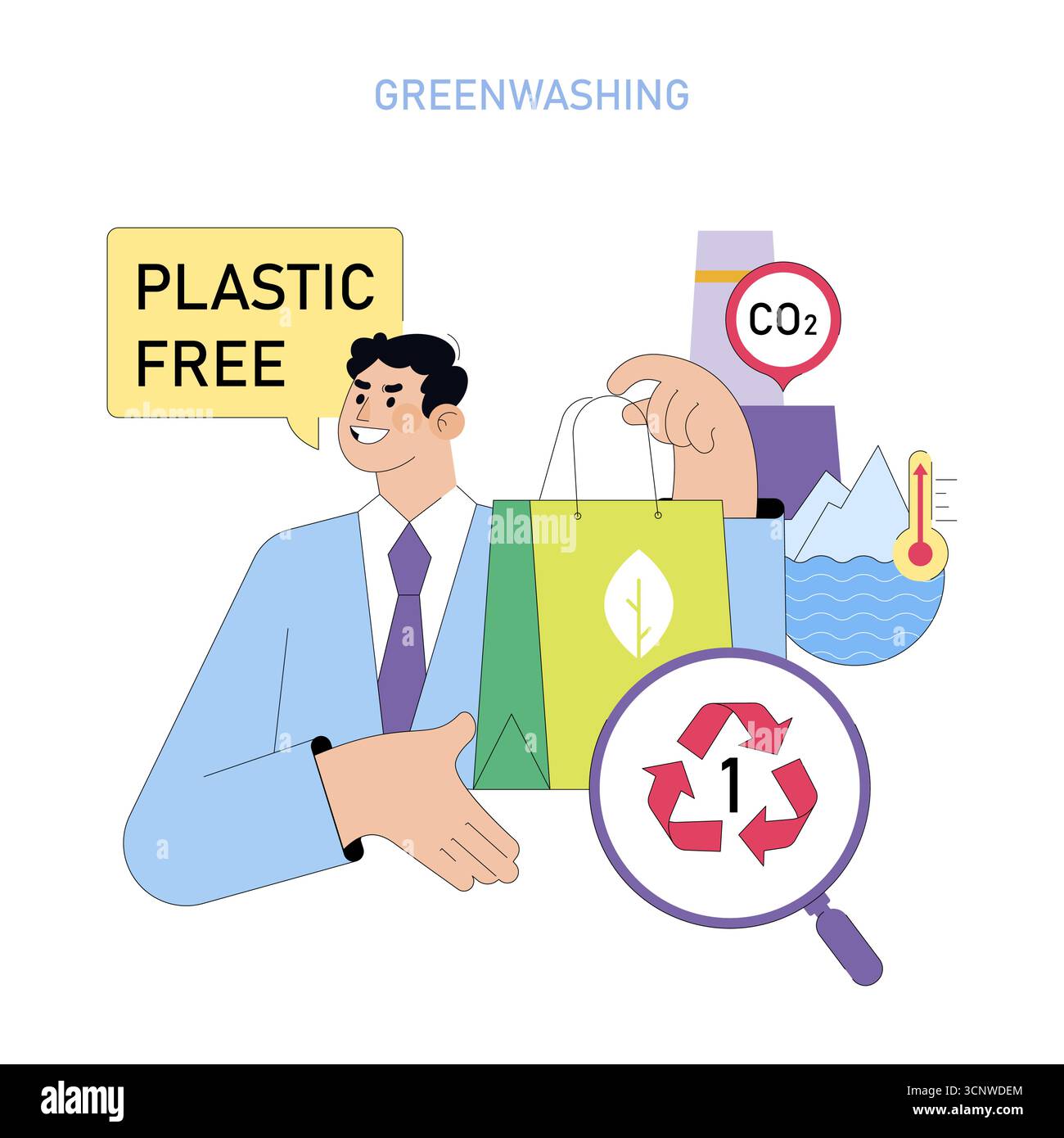 Vector illustration depicting greenwashing. A man presents an eco ...