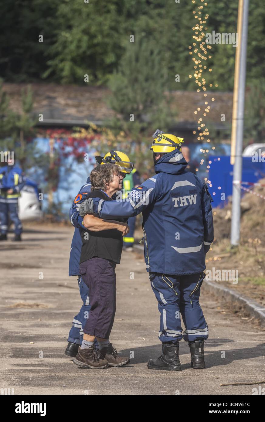Civil defence exercise scenario, after a drone attack on a residential ...