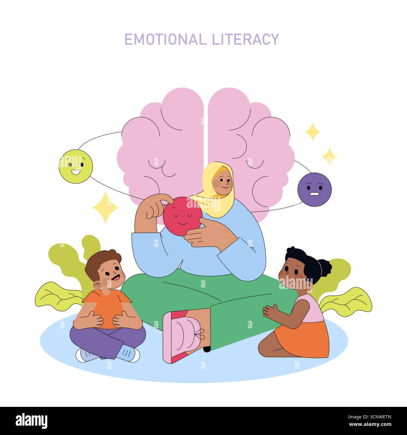Emotional literacy vector illustration featuring two children and a ...