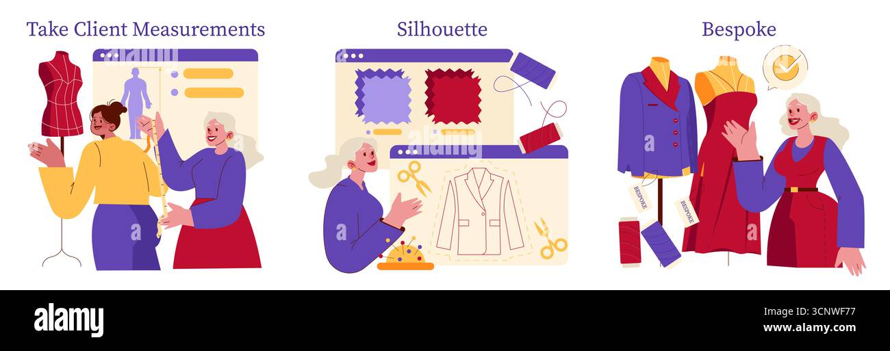 Vector illustration showcasing the tailoring process, including client ...