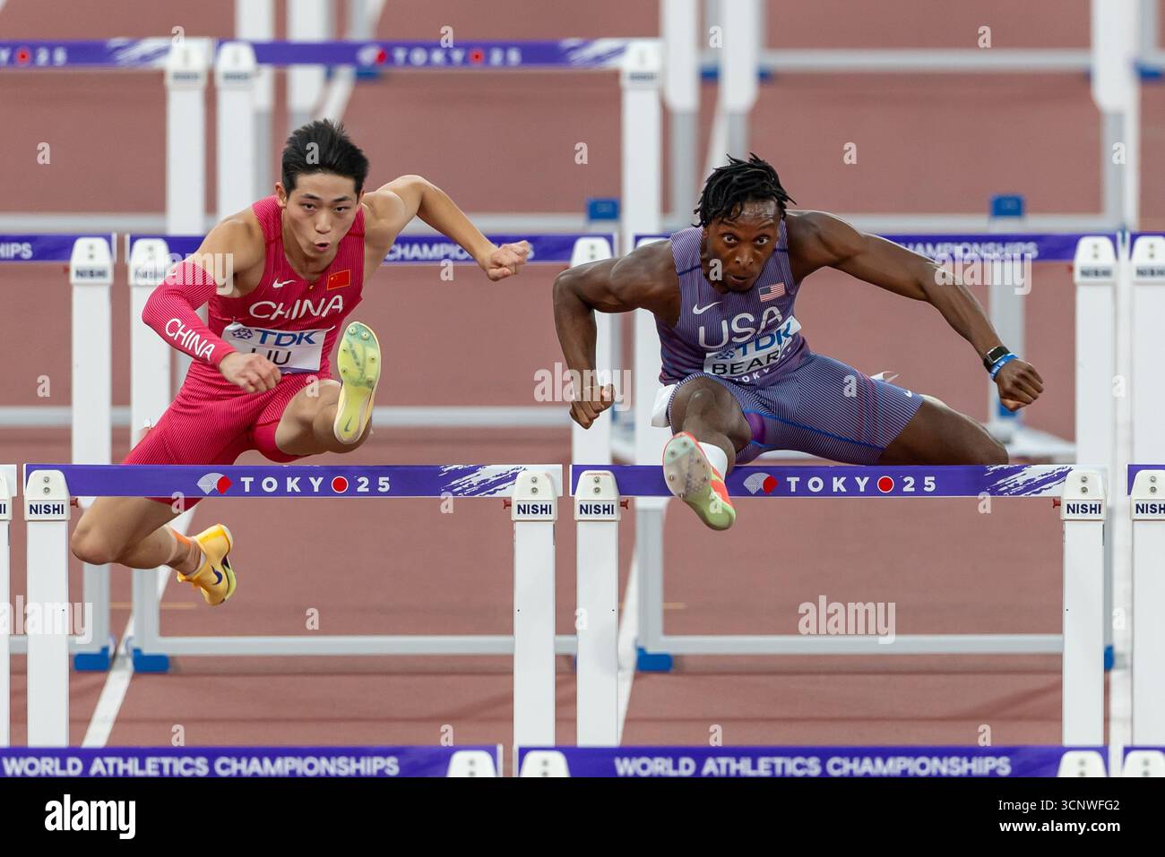 Dylan Beard (USA) runs a 110 meter hurdle semi-final in a time of 13.31 ...