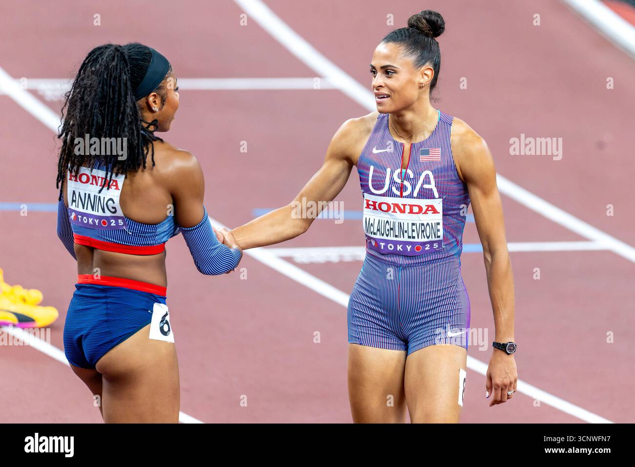 Sydney Mclaughlin-Levrone (USA) greets Amber Anning (GBR) after the ...