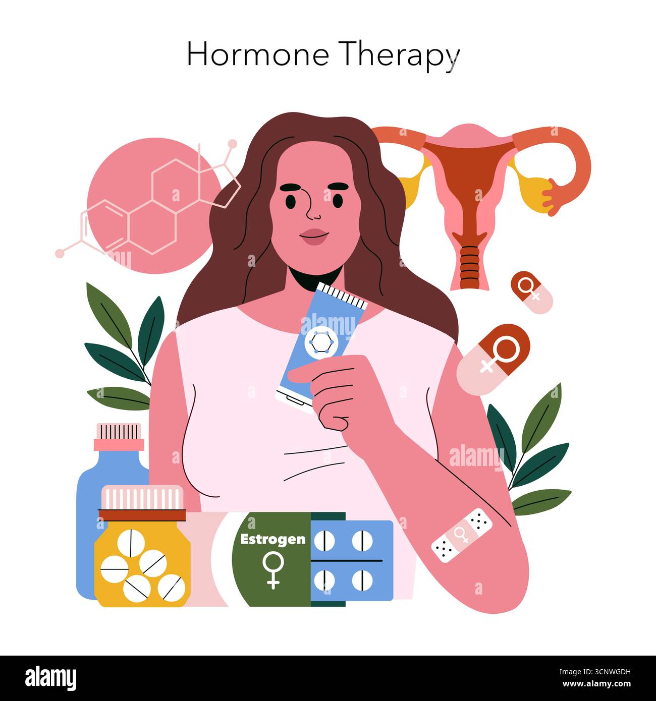 Vector illustration depicting a woman holding hormone therapy ...