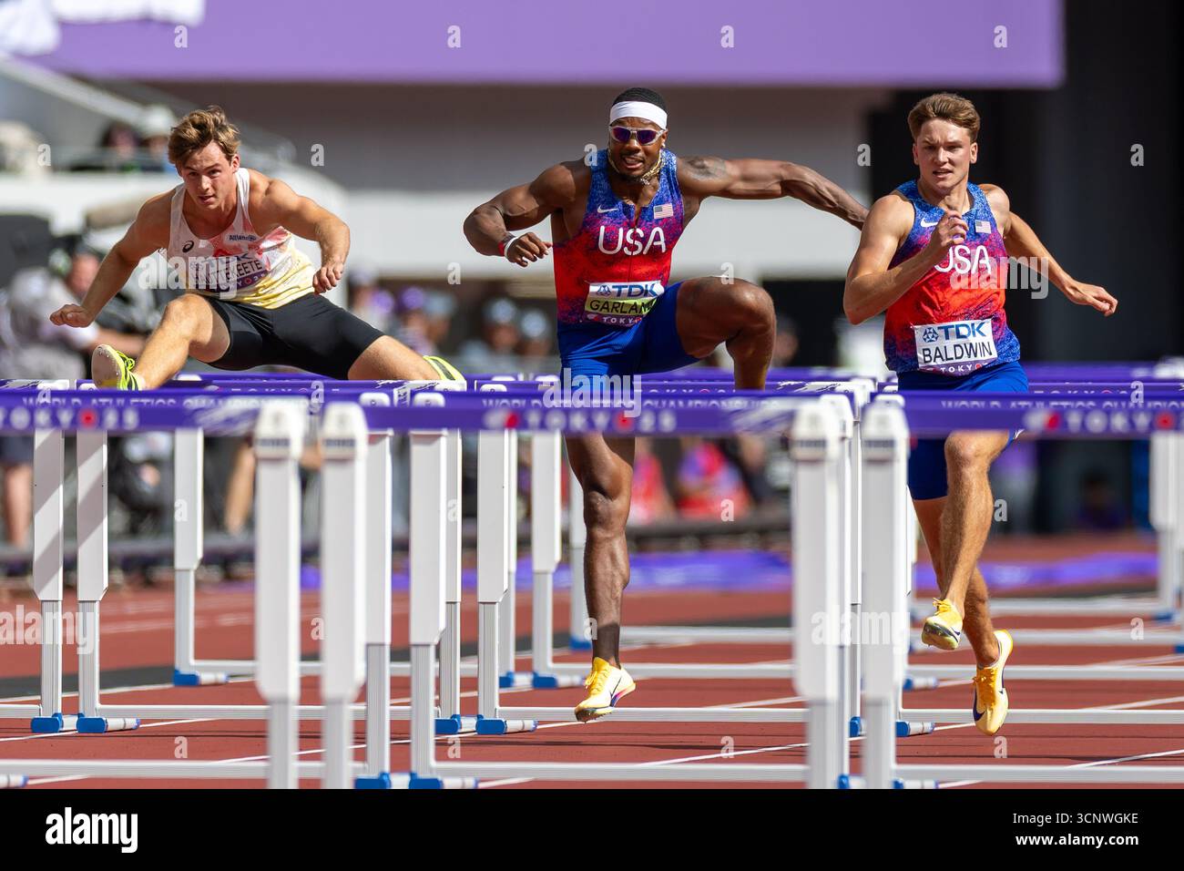 Kyle Garland (USA) and Heath Baldwin (USA) begin day 2 of the decathlon ...
