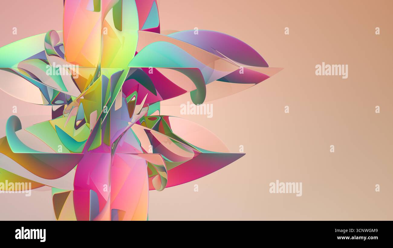 A vibrant abstract digital artwork featuring dynamic, flowing shapes in ...