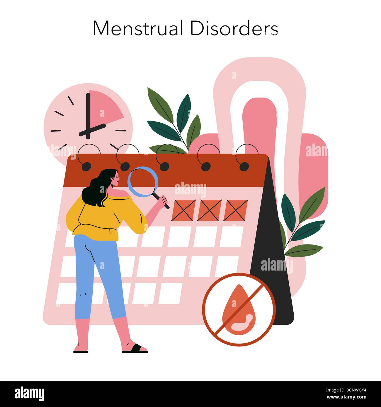 Vector illustration of a woman examining a calendar with a magnifying ...