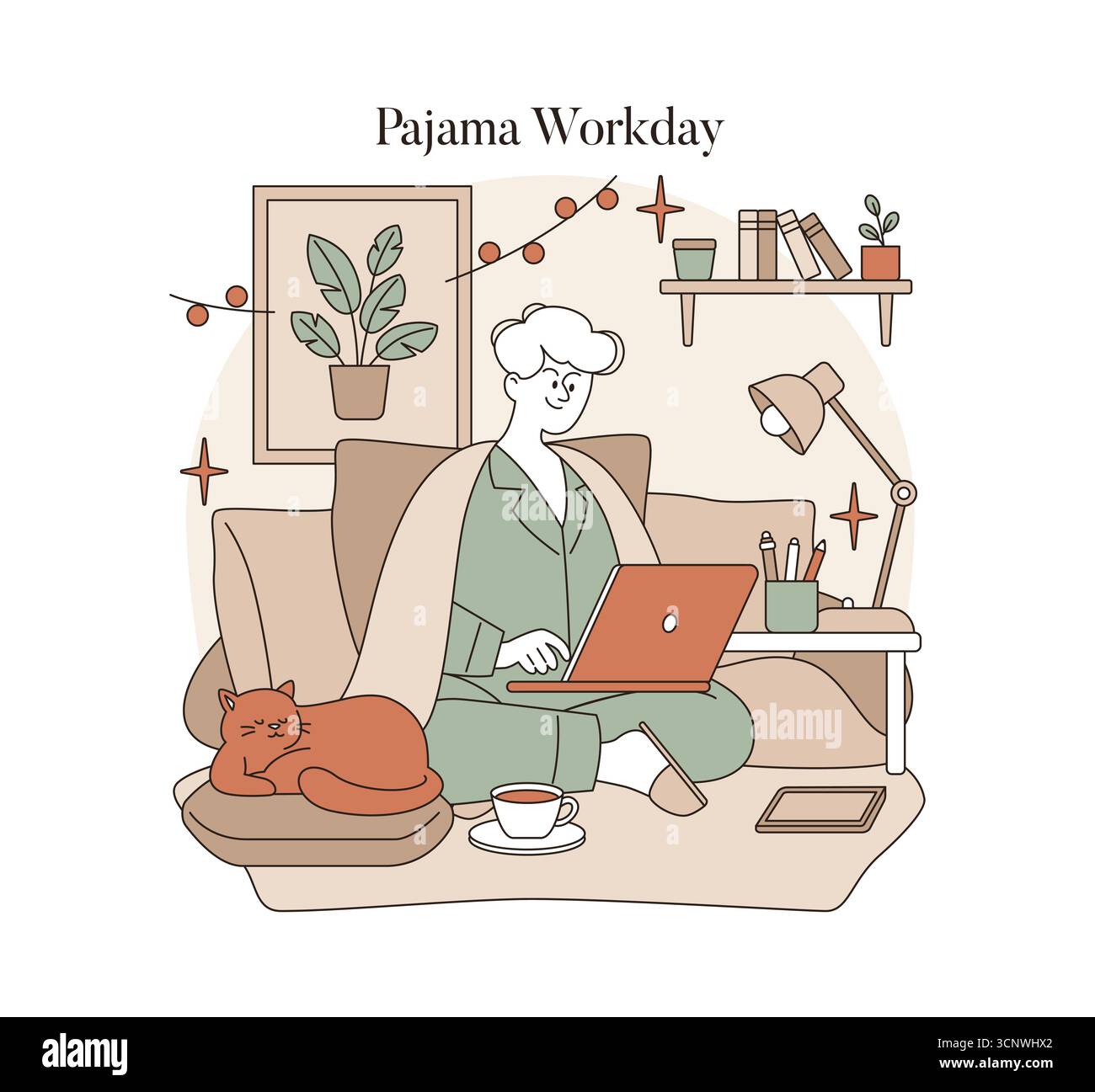 Person in pajamas working comfortably from a couch with a laptop. Cozy ...