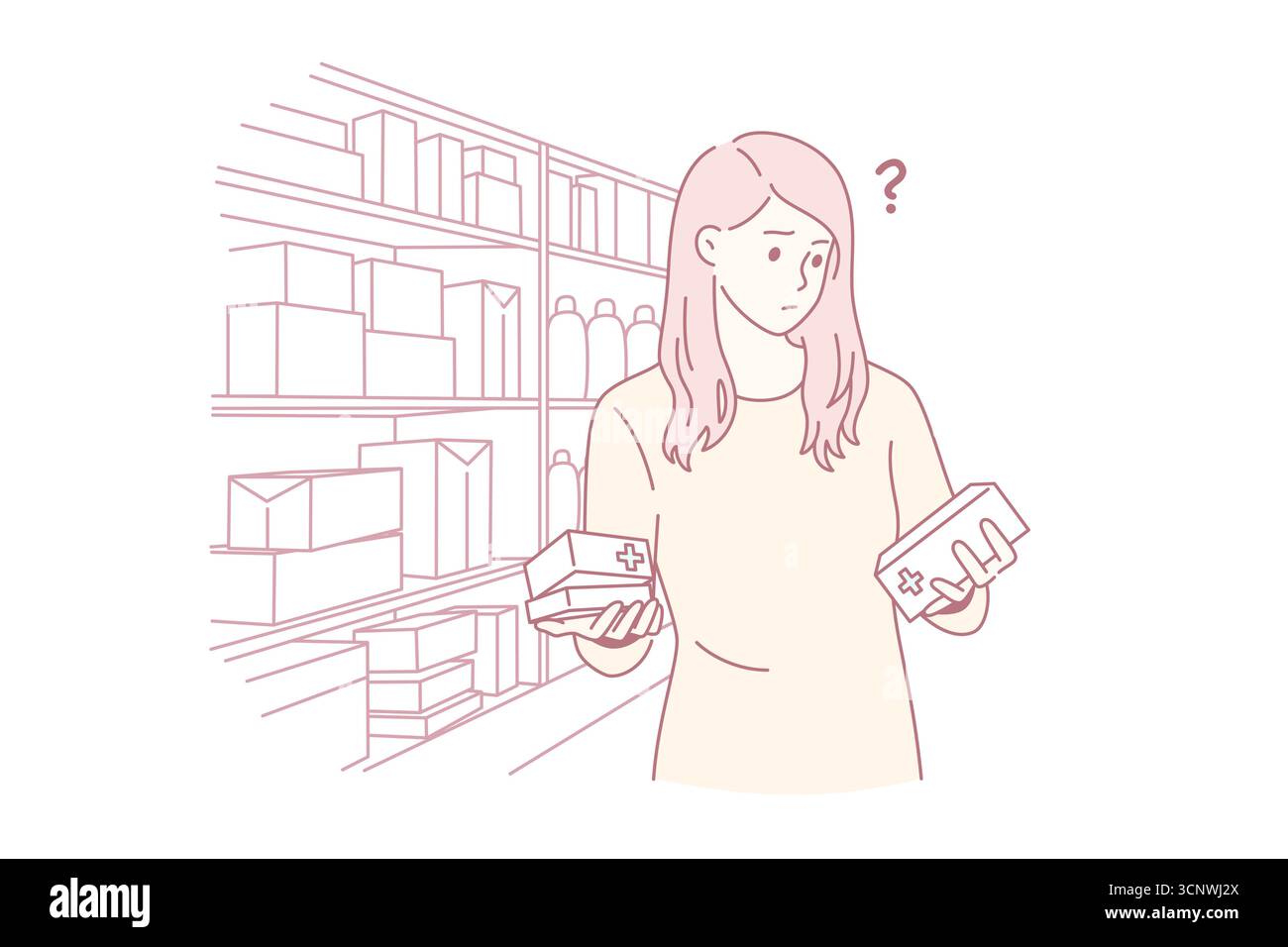 Difficult choice in pharmacy concept. Young frustrated woman cartoon ...