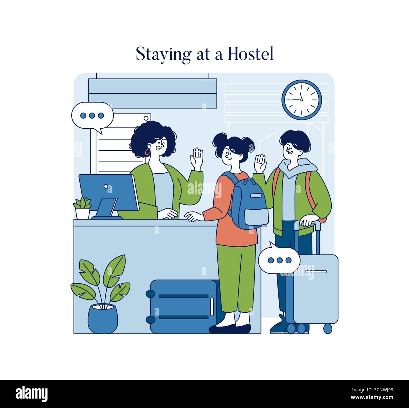Vector illustration of travelers checking in at a hostel reception. The ...