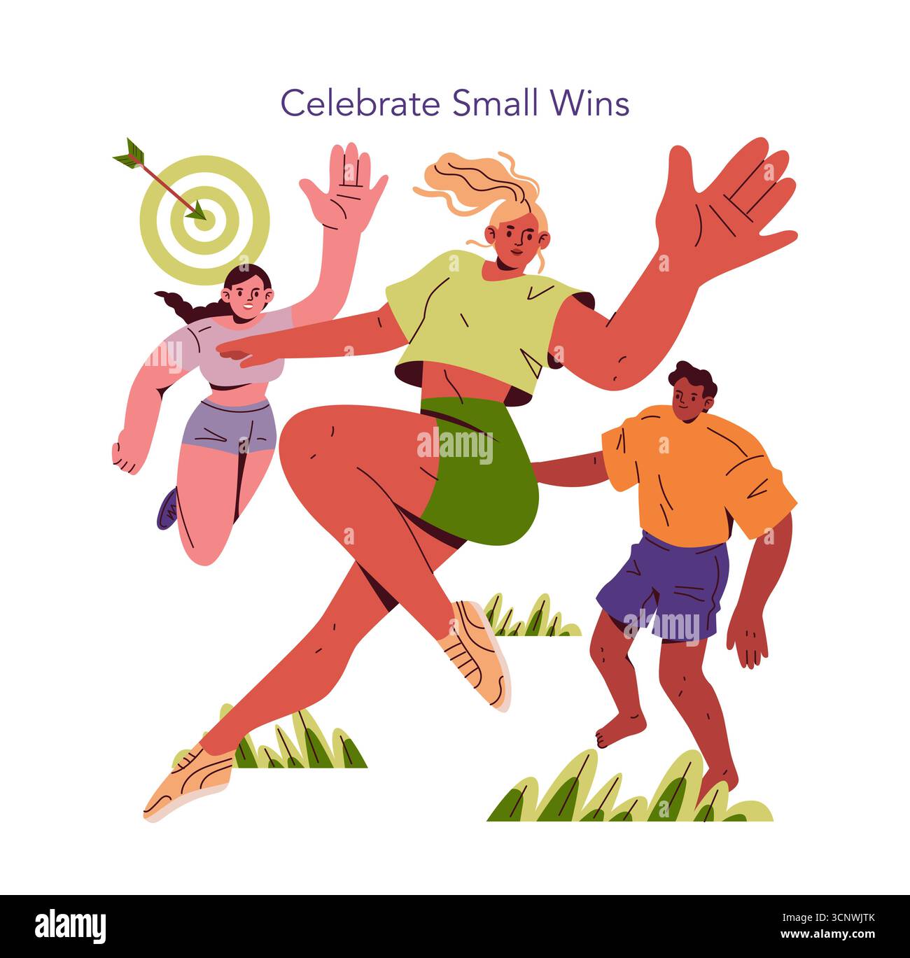 Vector illustration depicting three joyful people celebrating small ...