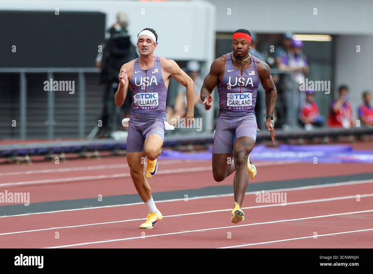 Harrison Williams (USA) and Kyle Garland (USA) start the decathlon with ...
