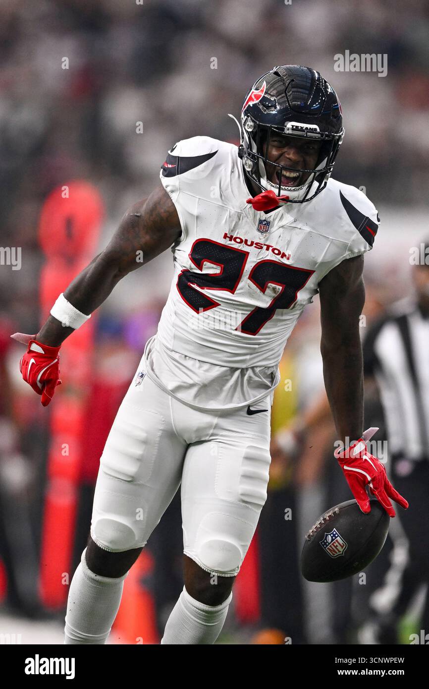 Houston Texans running back Woody Marks (27) reacts during the first ...