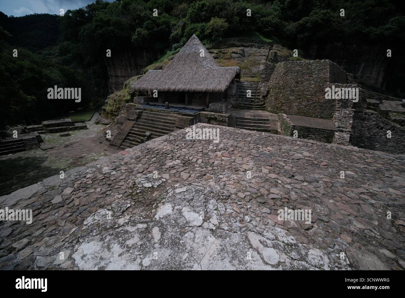 View of the sacred temple complex at Malinalco archaeological site ...