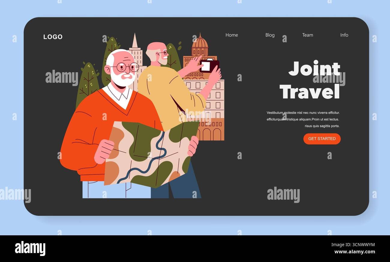 Vector illustration of two older travelers exploring with a map and ...