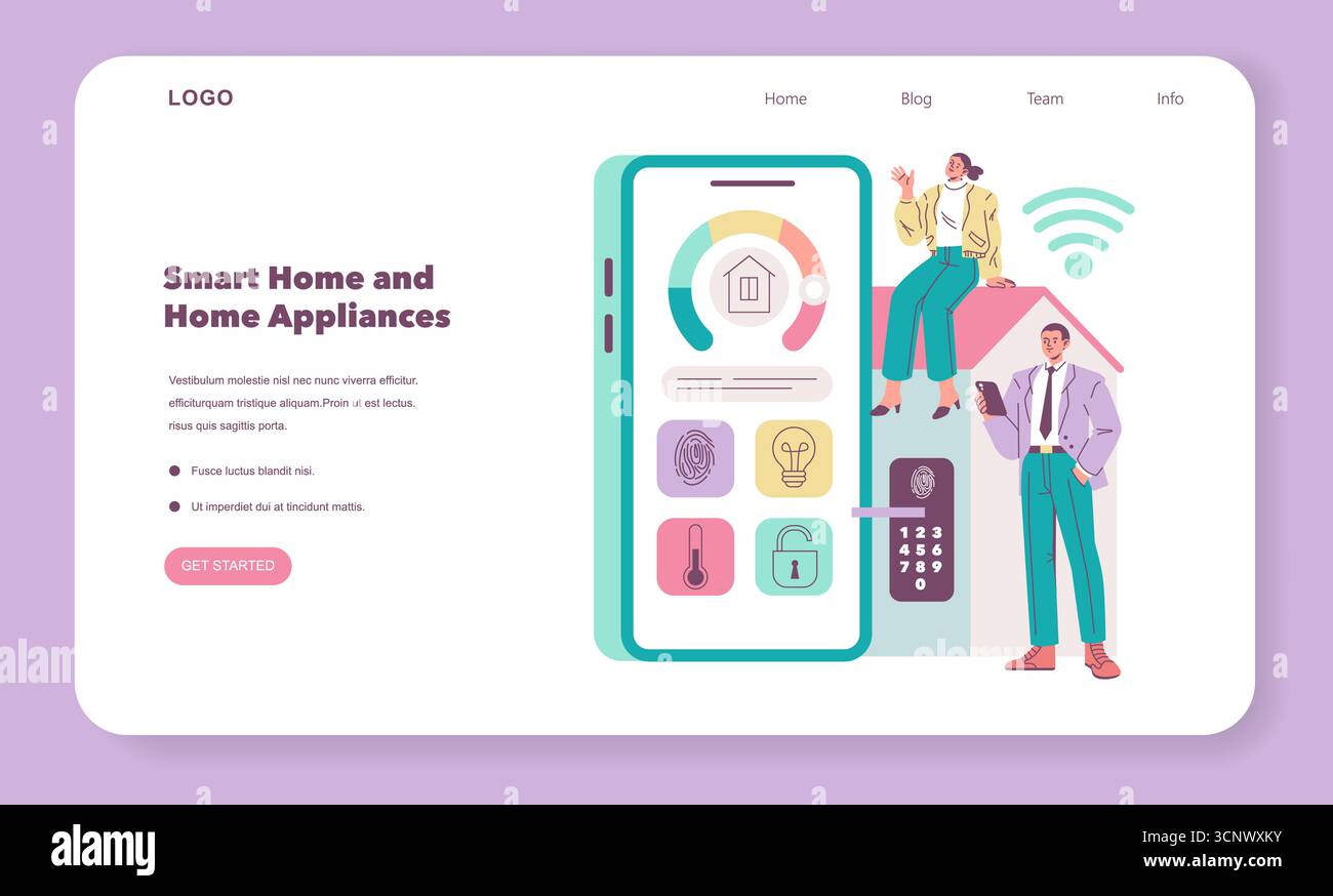 Vector illustration of a smart home interface with two people ...
