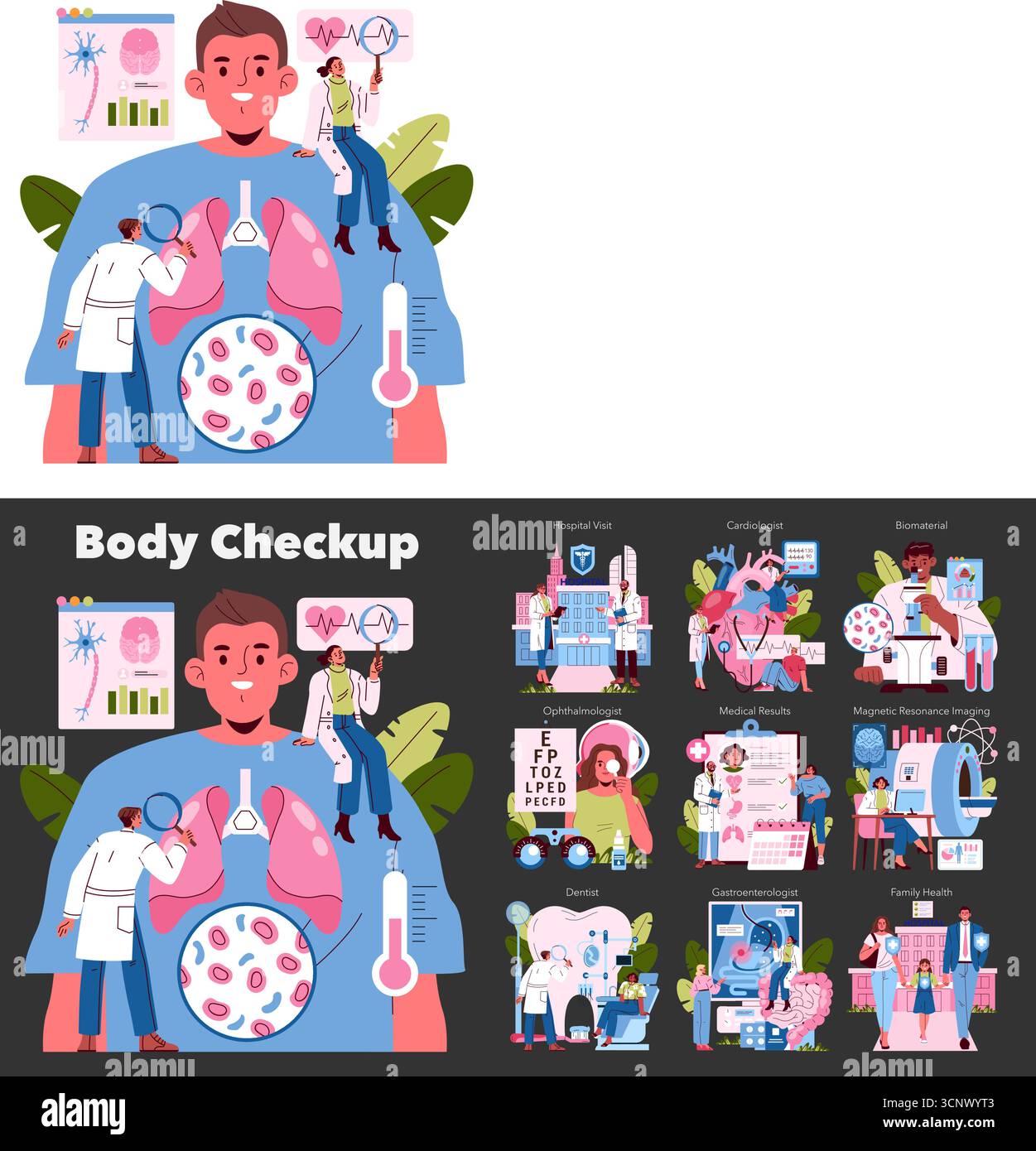 Vector illustration of a comprehensive medical body checkup. Includes ...