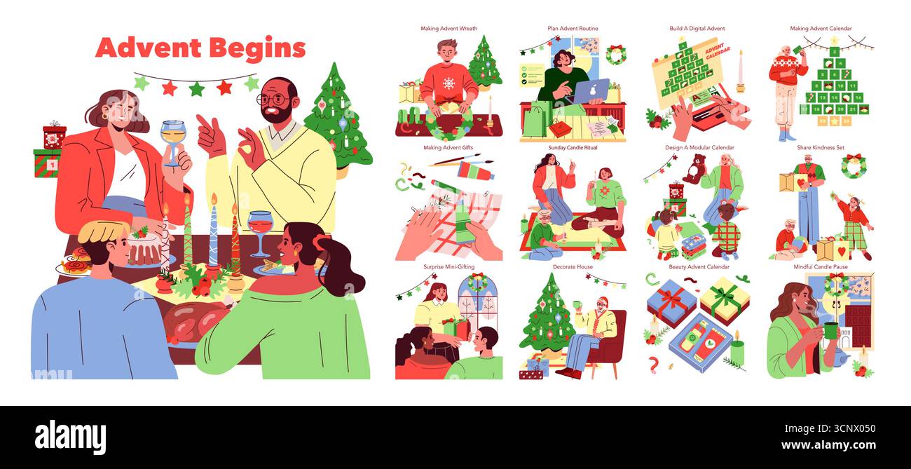Illustrative depiction of people engaging in various festive activities ...