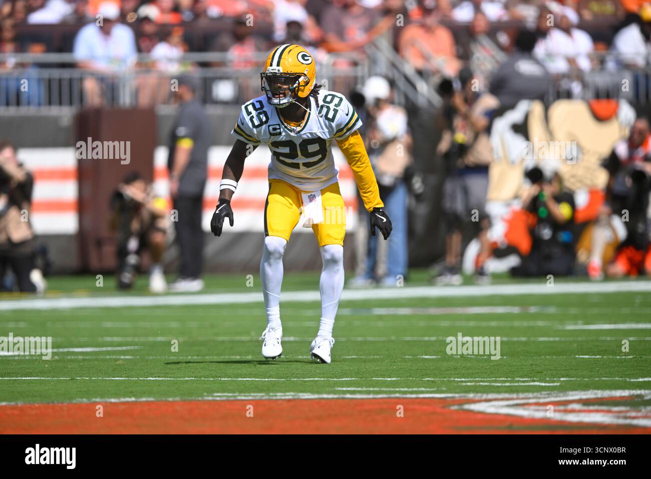 Green Bay Packers safety Xavier McKinney (29) defends during an NFL football game against the ...