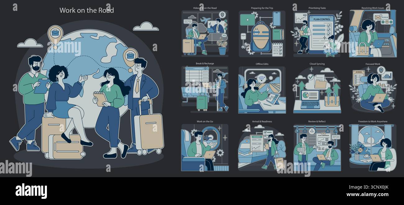 Professionals working remotely while traveling, engaged with technology ...