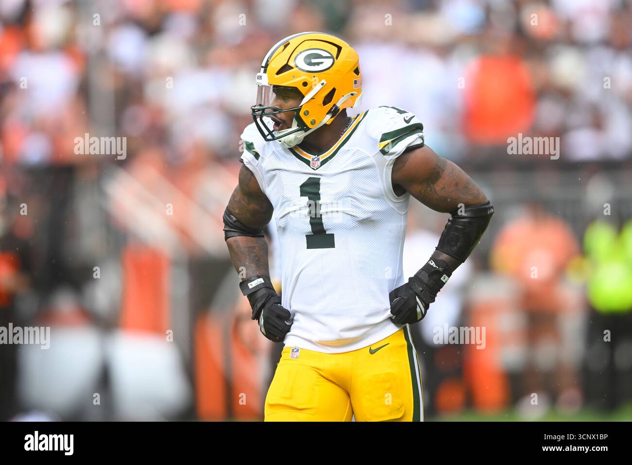 Green Bay Packers linebacker Micah Parsons (1) stands on the field ...