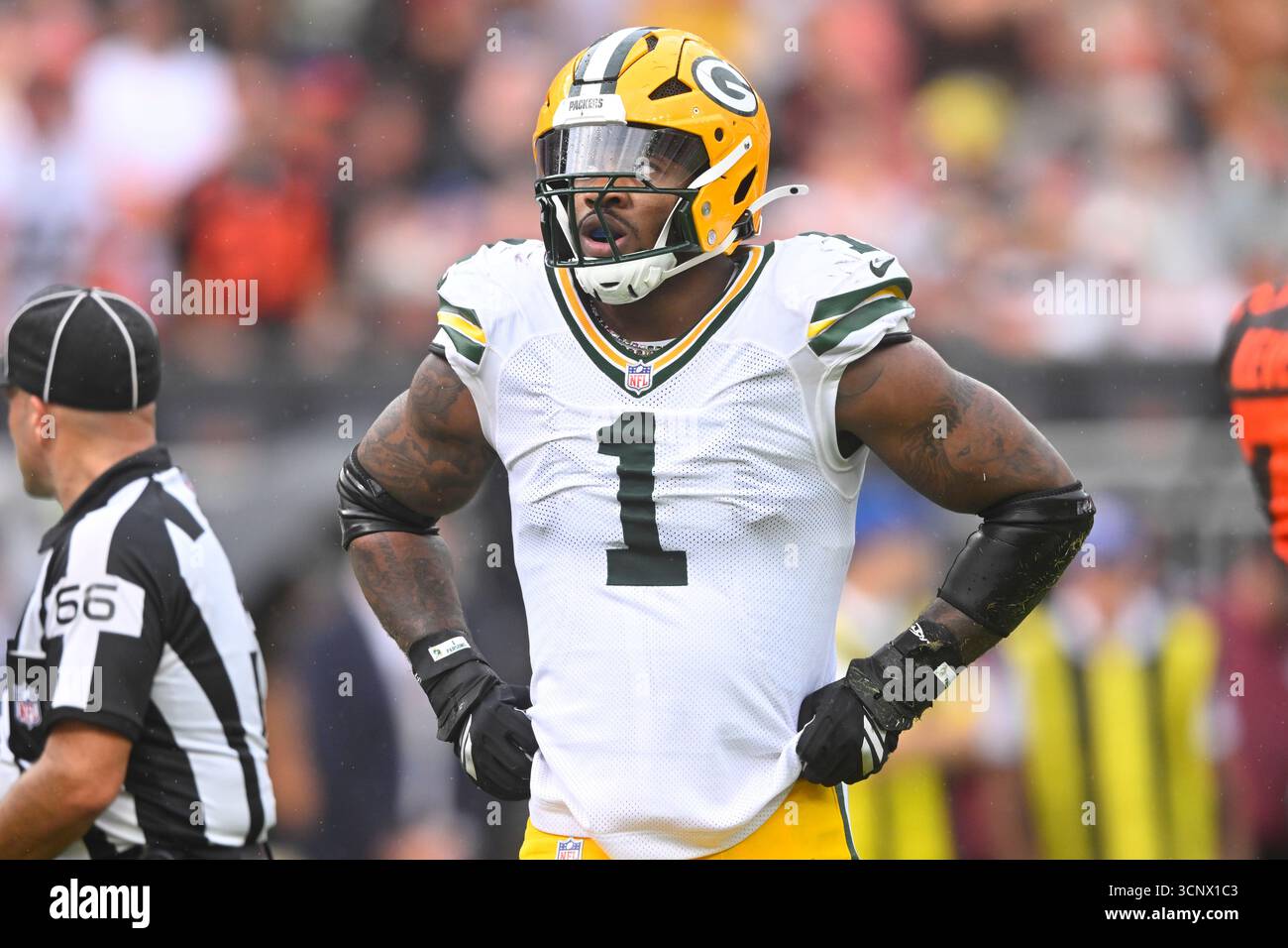 Green Bay Packers linebacker Micah Parsons (1) stands on the field ...