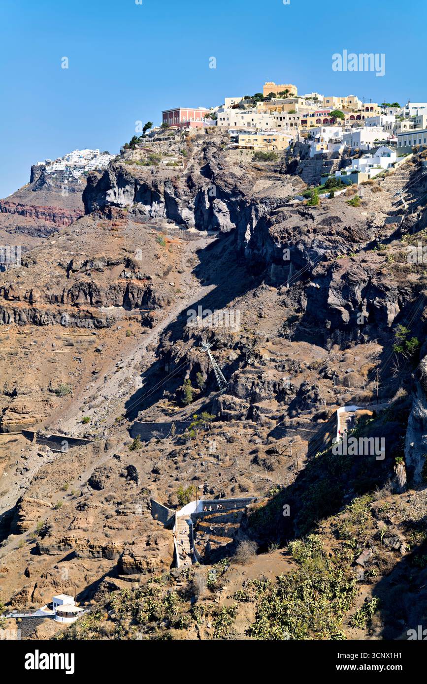 Santorini Greece. Fira. View of the town over the cliff and the caldera ...