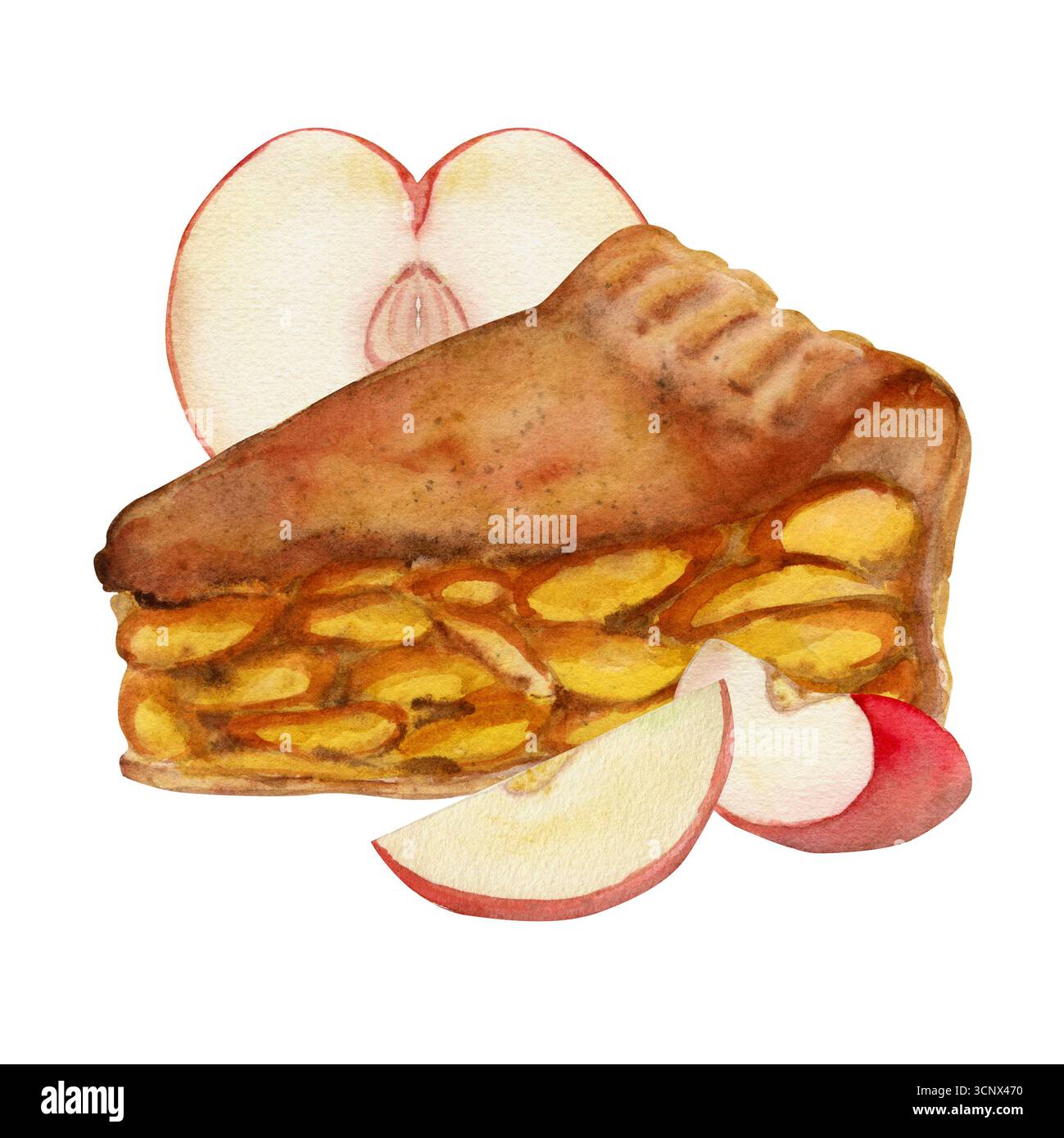 Watercolor slice of homemade pie with fruit filling, peach tart with ...