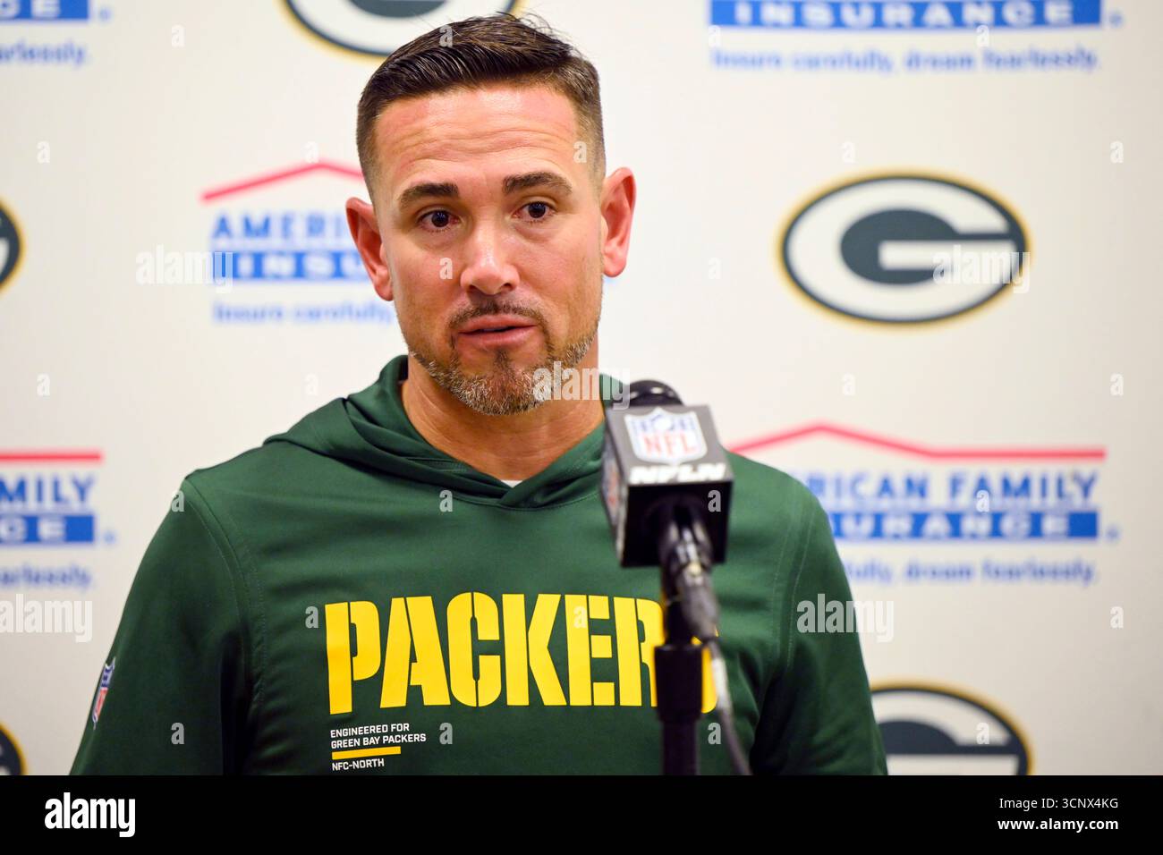 Green Bay Packers head coach Matt LaFleur talks to the media after an ...