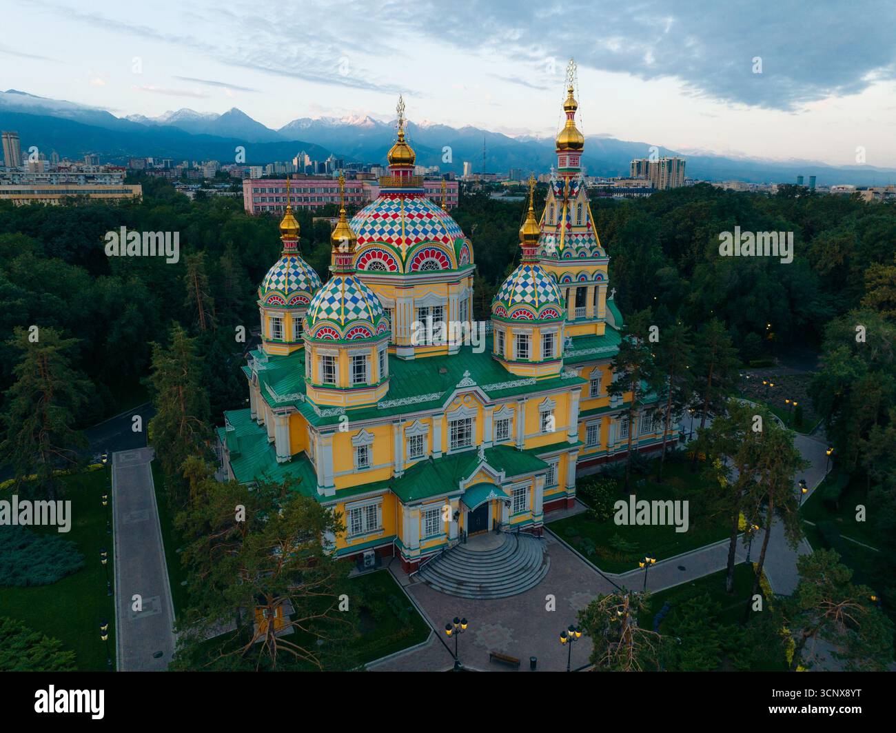 Aerial view of the vibrant Ascension Cathedral, its colorful domes ...