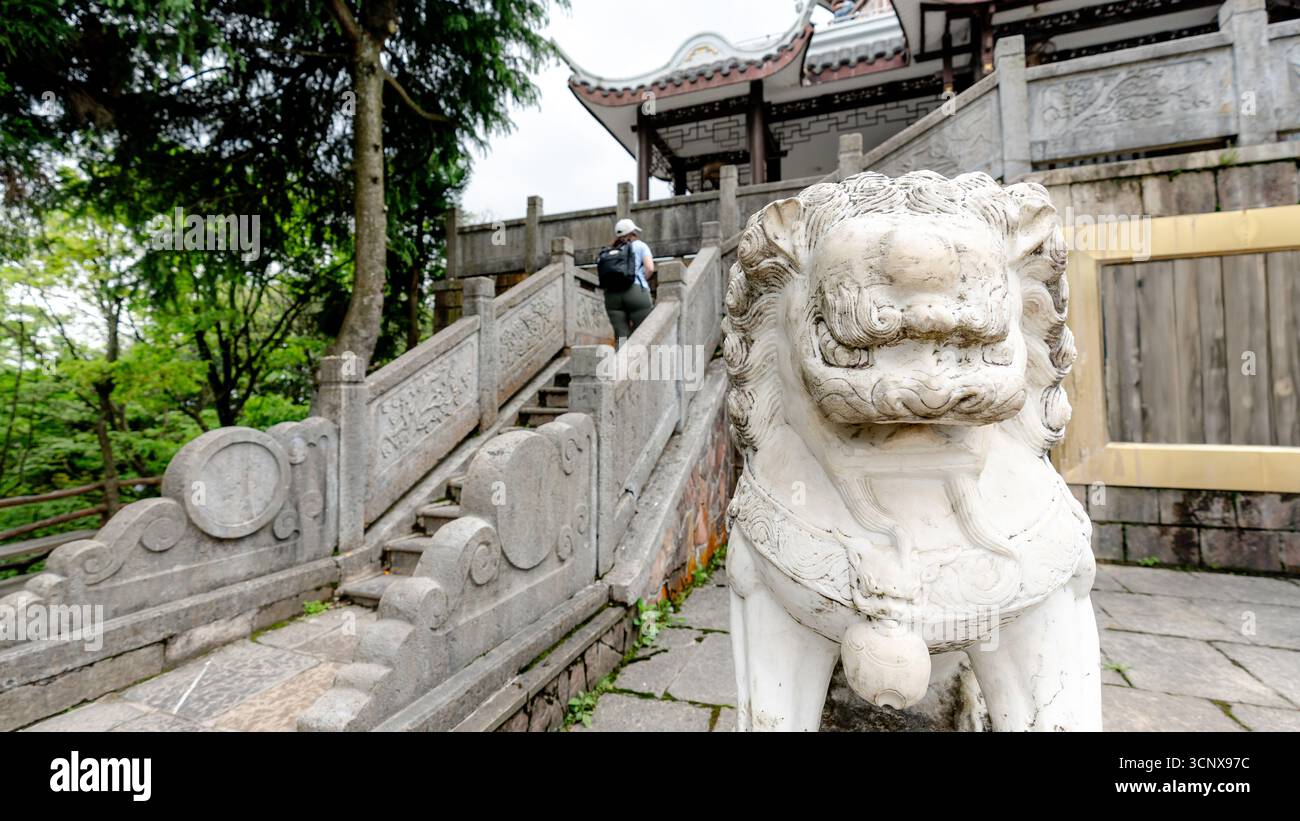 A rear view of a female tourist with a backpack climbing stone stairs ...