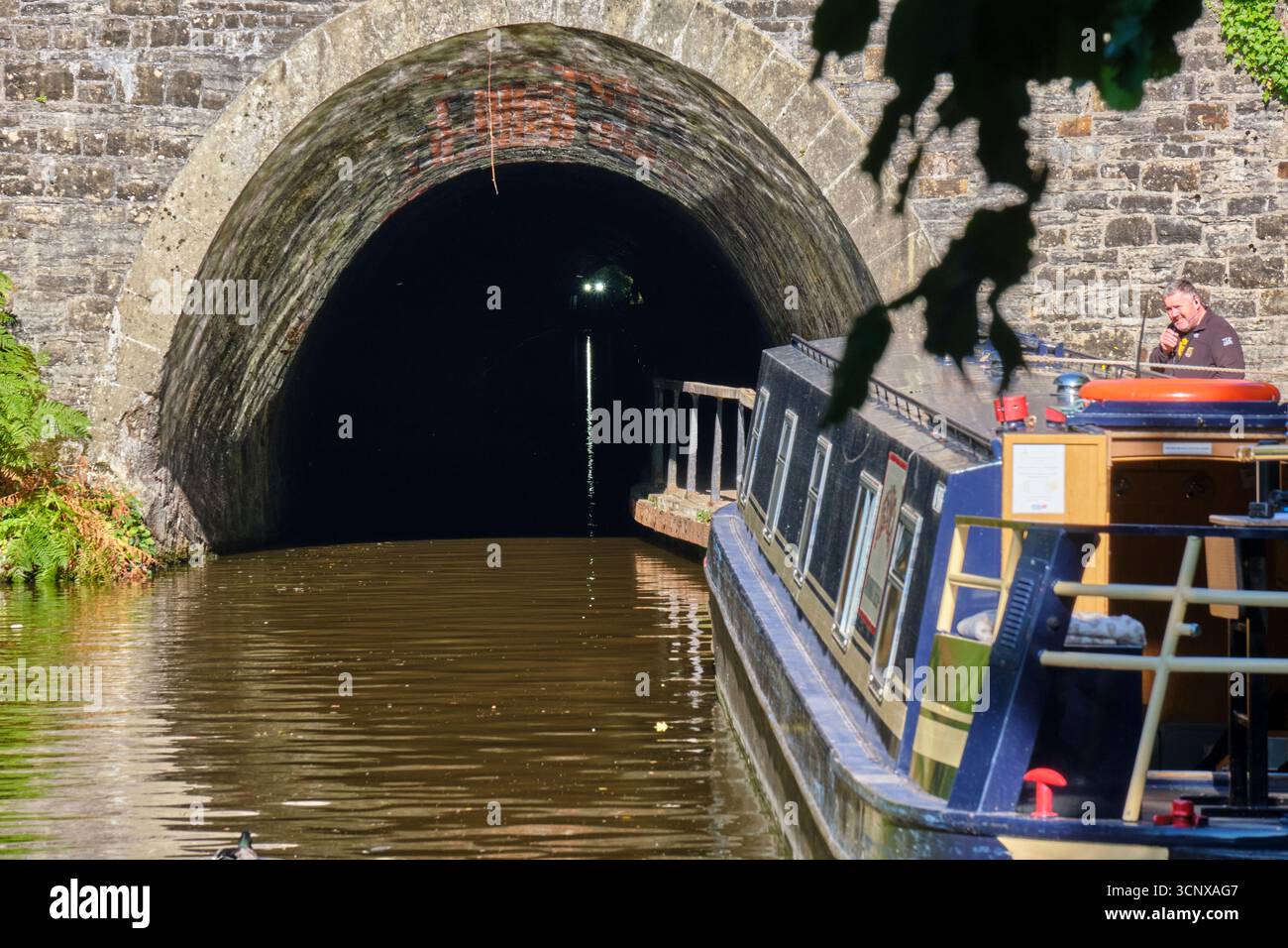 Canal boat emerging from the southern entrance of Chirk Tunnel, on the ...