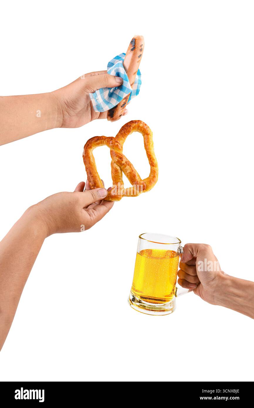 Human hands holding a sausage with a blue checkered tablecloth or ...