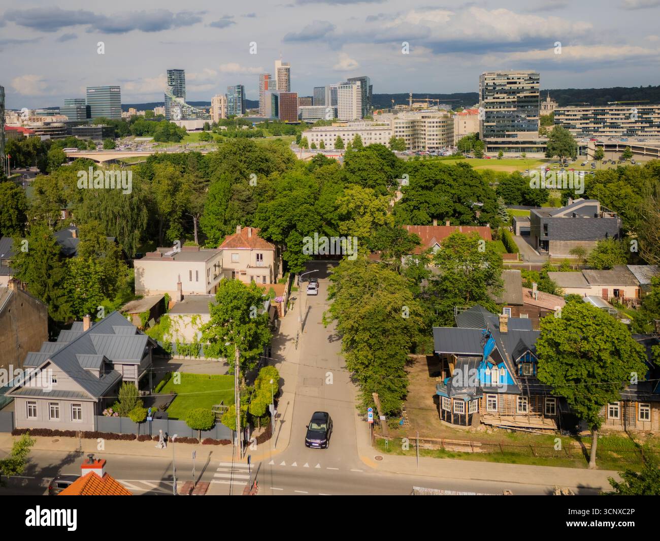 Aerial view of a street lined with houses and trees leading towards ...