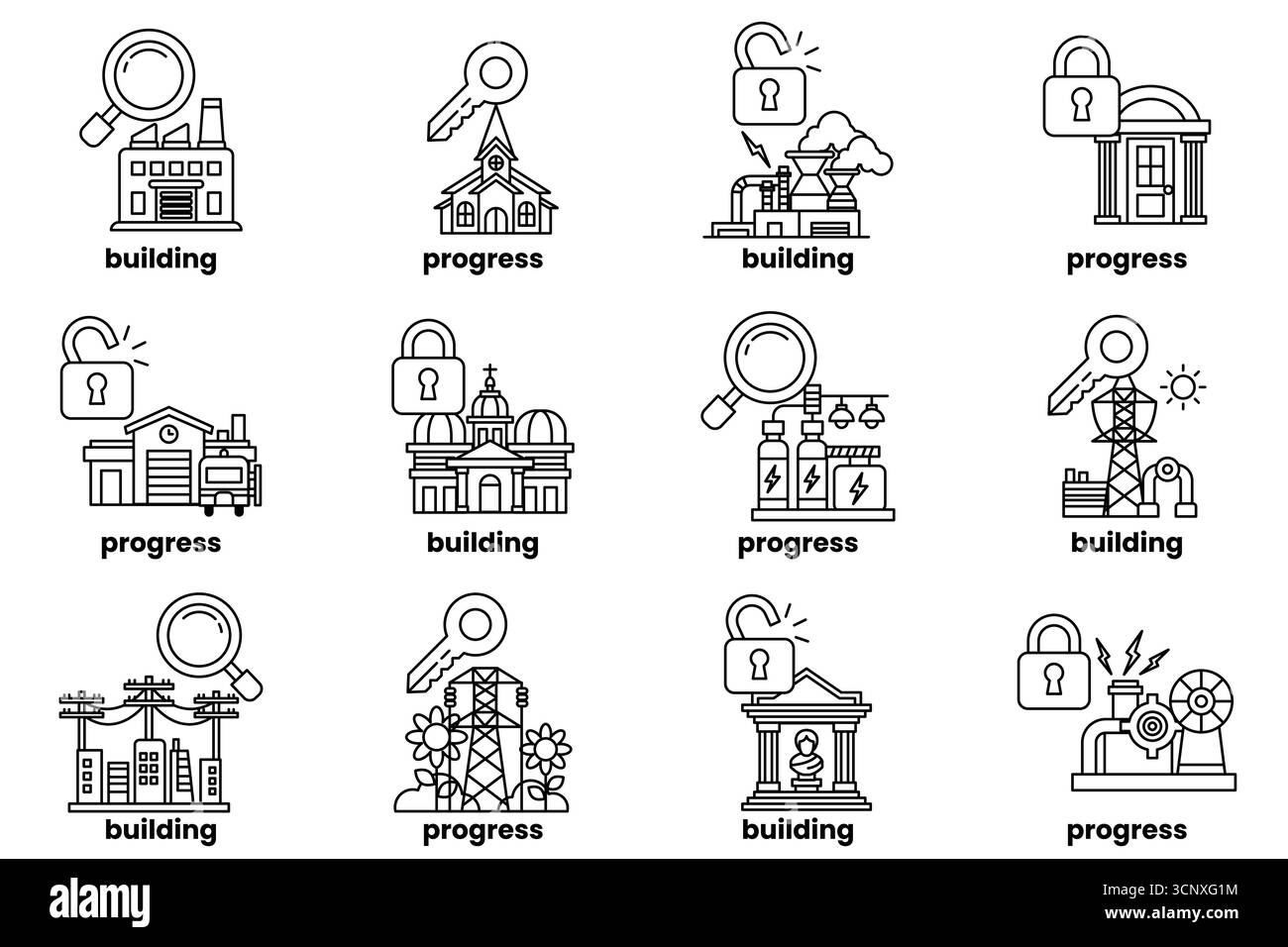 A set of images of buildings with a key and a lock on them Stock Vector ...
