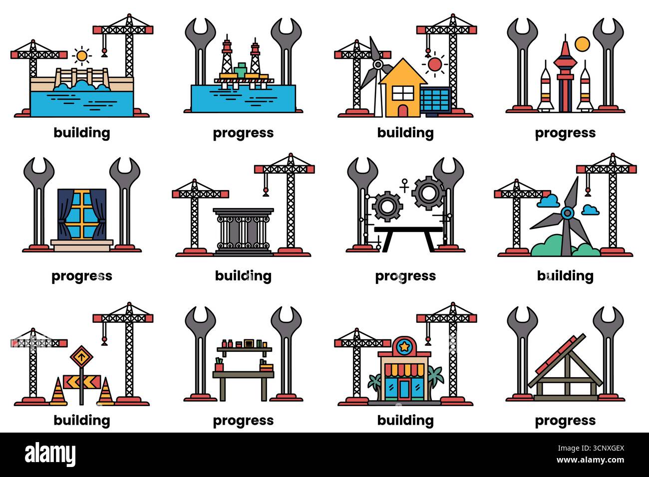 The image is a series of buildings and construction sites Stock Vector ...