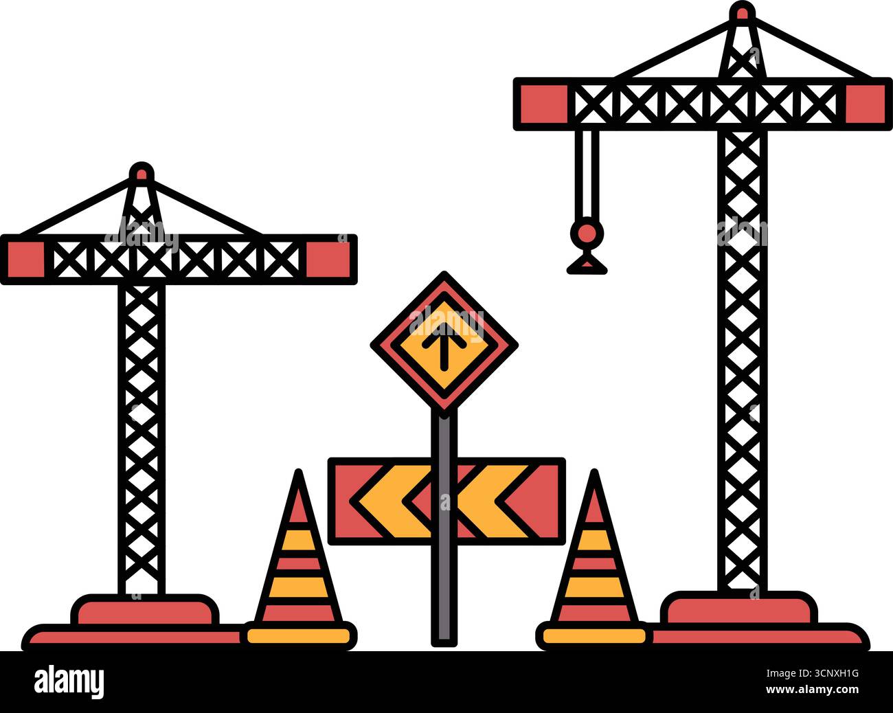 Two cranes and a traffic sign. The cranes are tall and are positioned ...