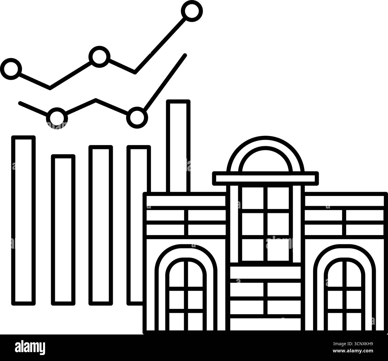 A building with a line graph above it. The graph shows a downward trend ...