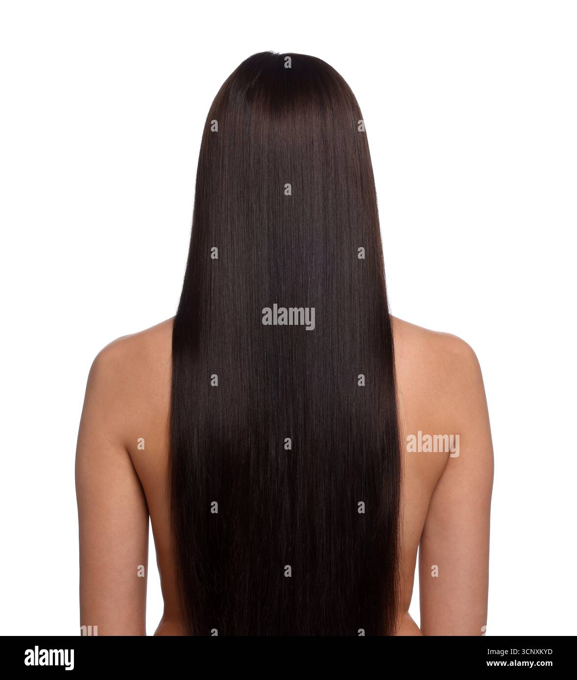 Woman with beautiful smooth hair after lamination procedure on white ...