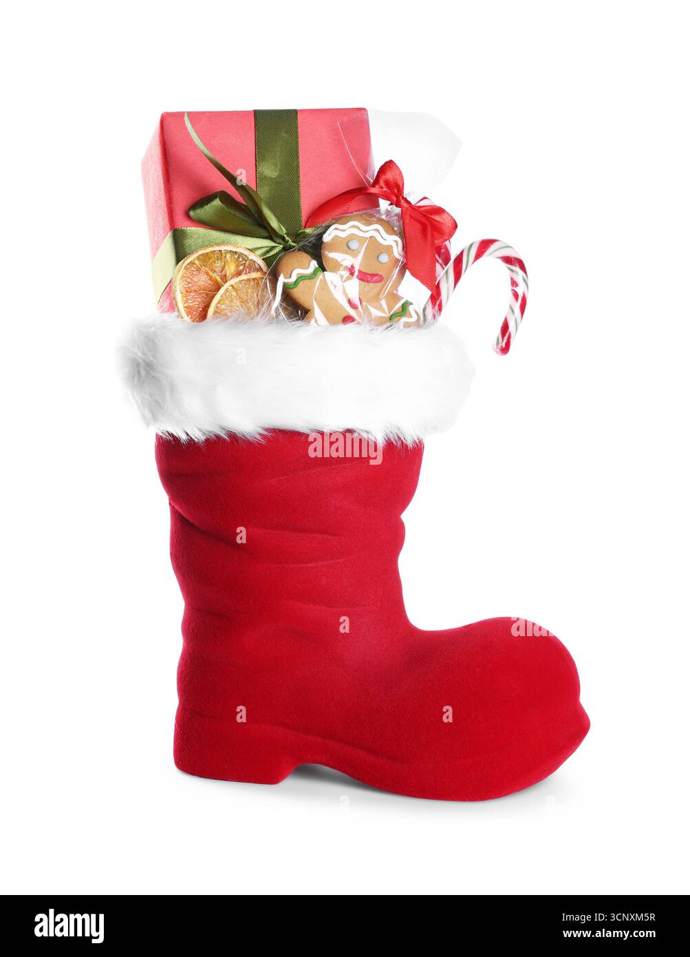Happy Saint Nicholas day. Red boot with sweets and gift box isolated on ...
