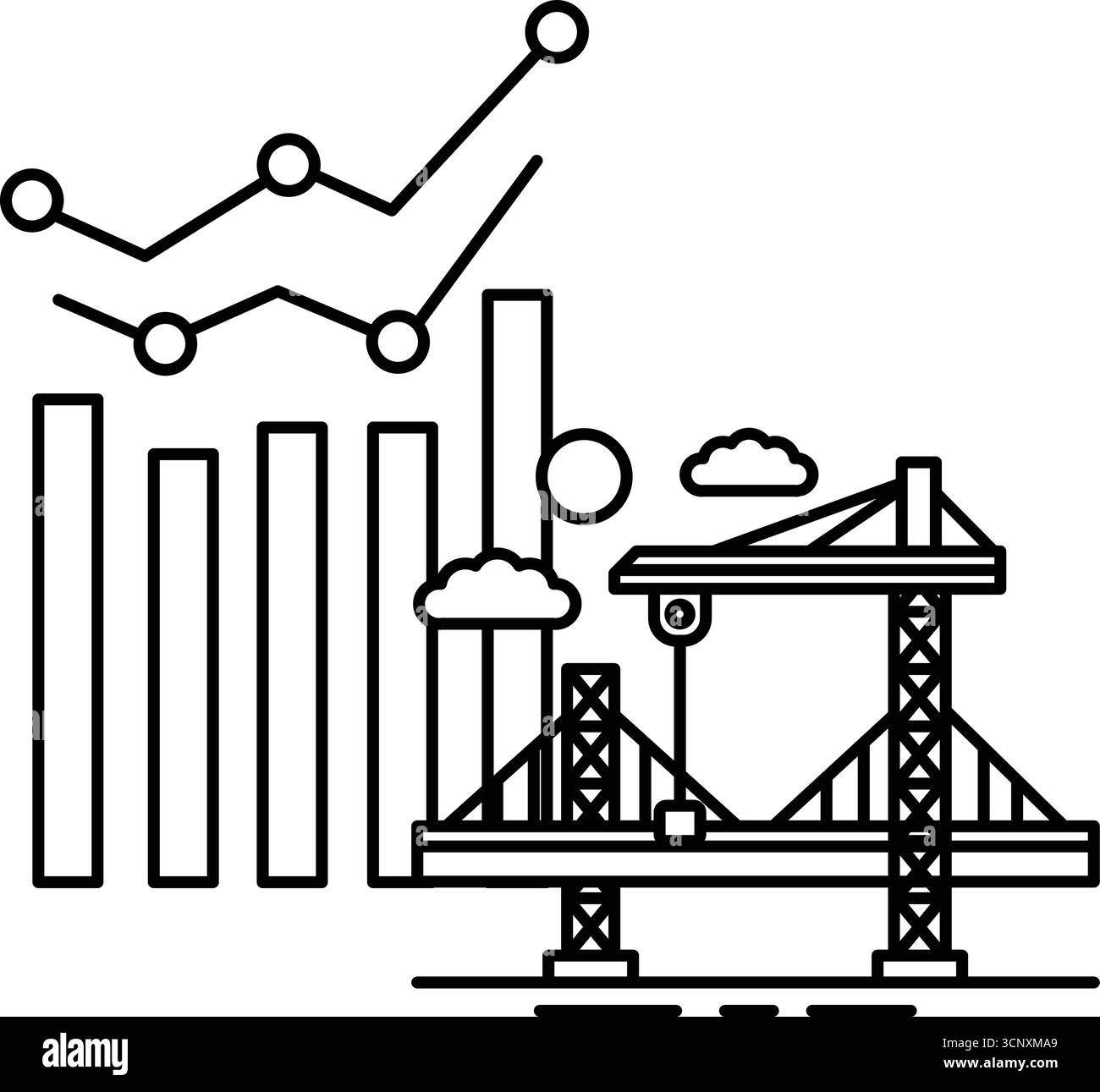 A graph with a line going down and a bridge in the background. The ...