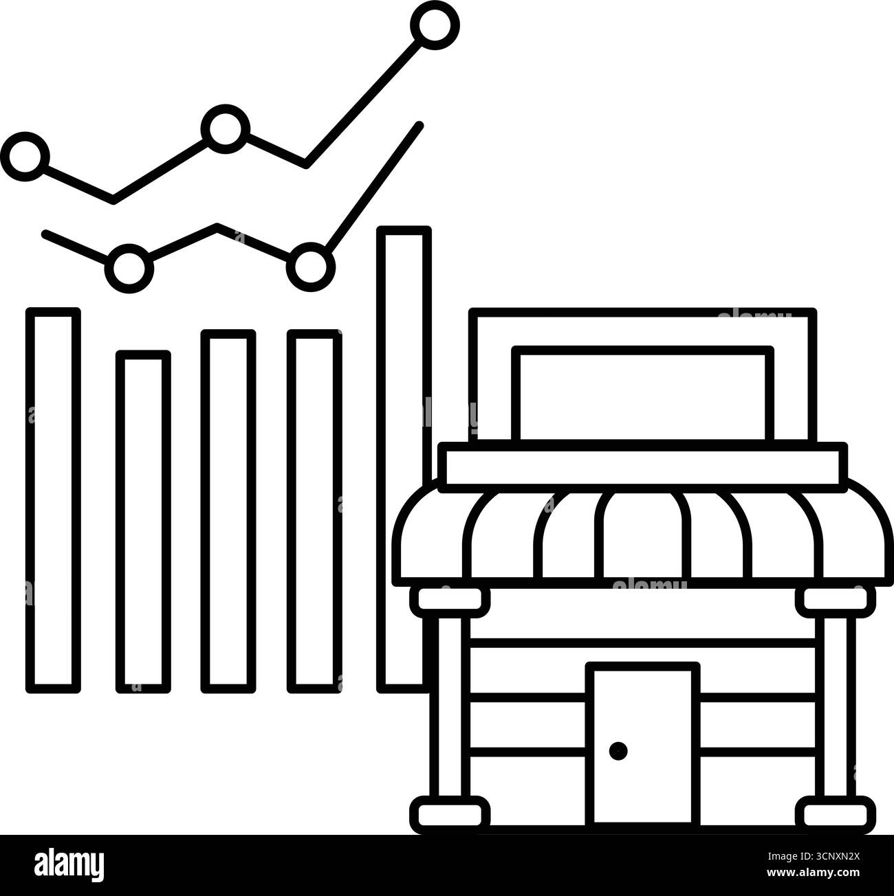 A graph is shown next to a building. The graph shows a downward trend, which could indicate a ...
