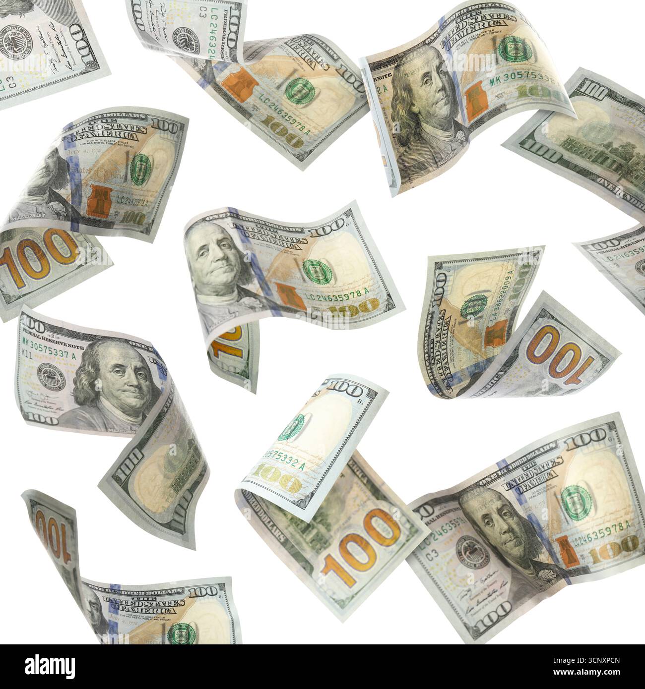 Money (dollar bills) flying against white background Stock Photo - Alamy
