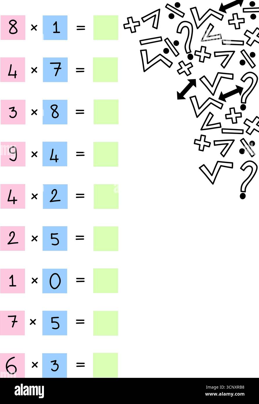 Simple multiplication worksheet for kids with hand drawn math symbols ...