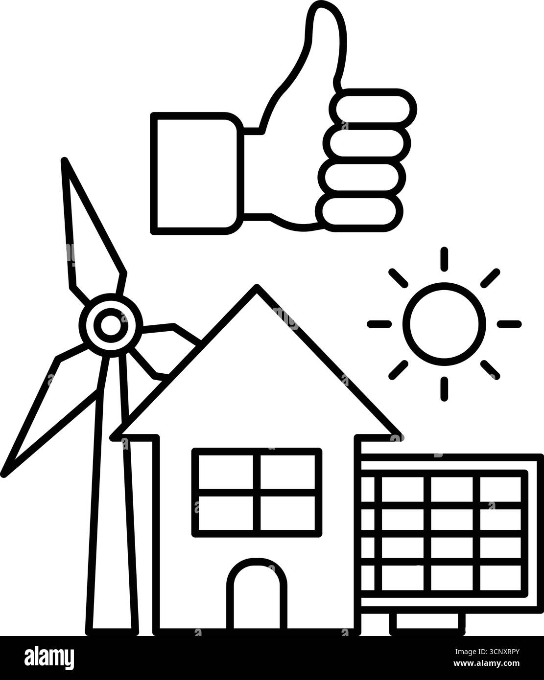 A thumbs up sign placed above a house and a wind turbine. The thumbs up ...