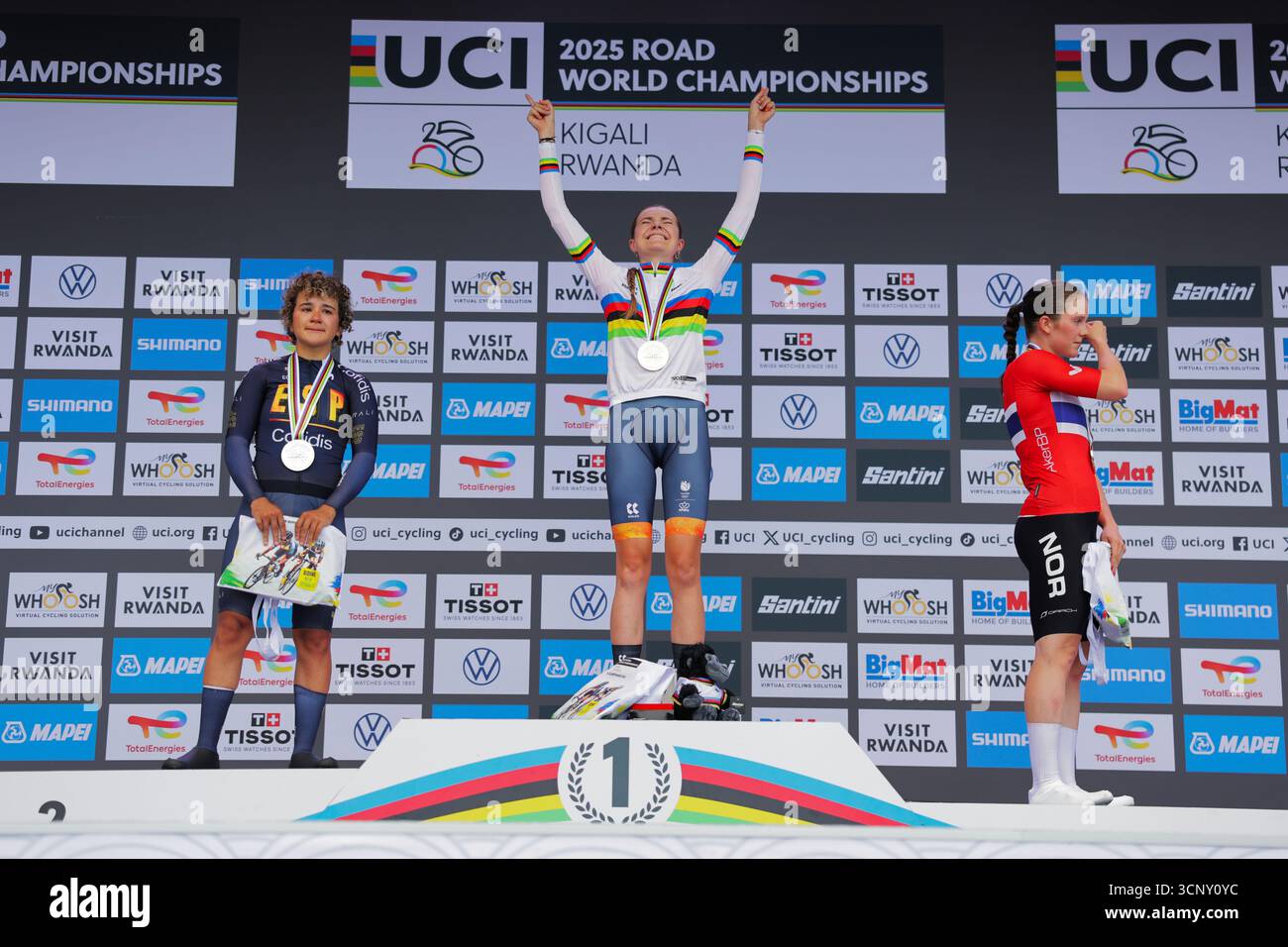 Netherlands' Megan Arens, center, poses with the gold medal, flanked by ...