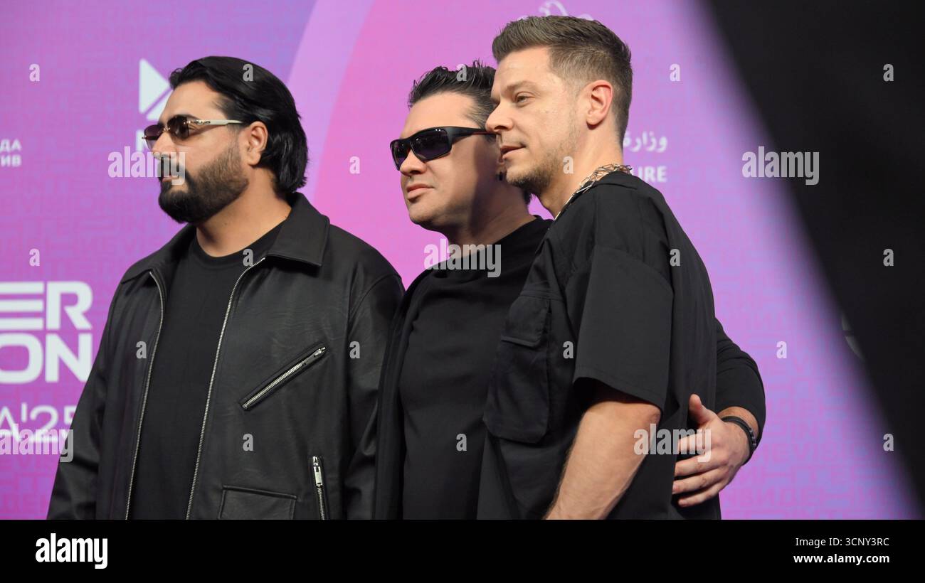From left to right: members of the Korni band, Alexander Berdnikov ...
