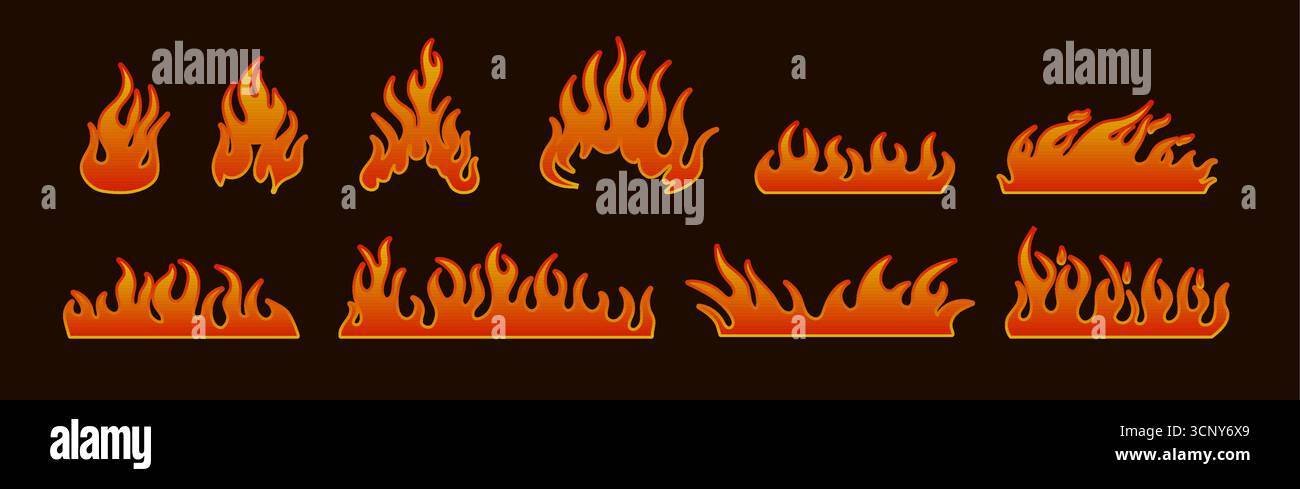 Fiery flames set on dark background for graphic design Stock Vector ...