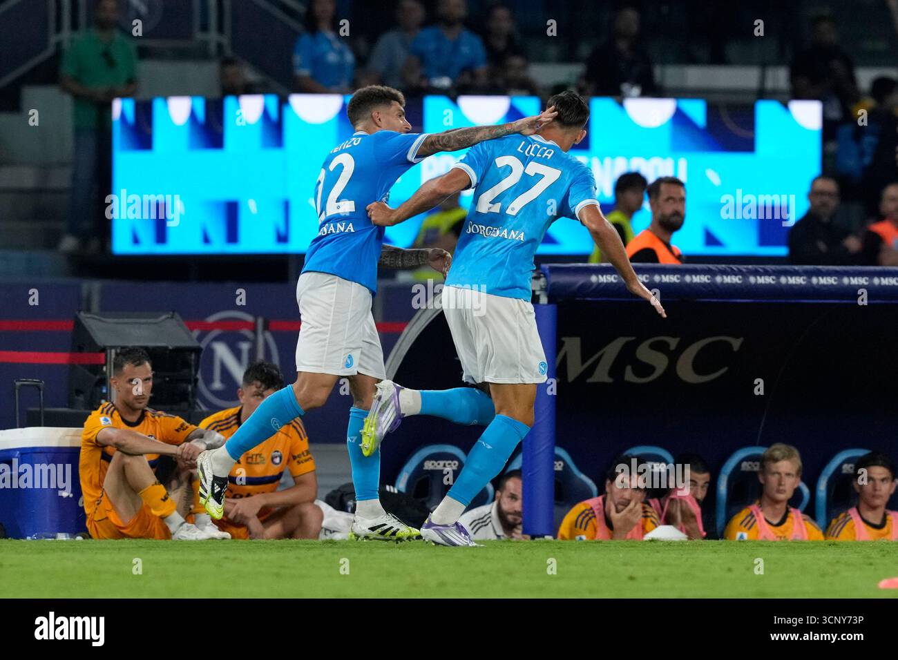 Naples, Italy. 22 Sep, 2025. Lorenzo Lucca of SSC Napoli celebrates ...