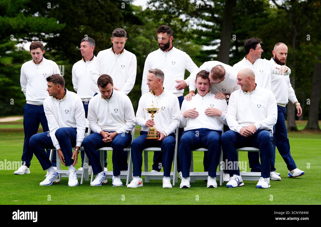 Team Europe, captained by Luke Donald (centre, front row) pose for a ...
